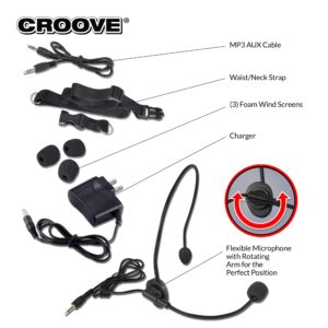 Croove Rechargeable Voice Amplifier Microphone Headset, Supports MP3 | Portable Microphone and Speaker Set with Waist/Neck Band & Belt Clip | Voice Amplifier Ideal for Teachers