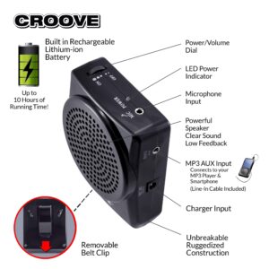 Croove Rechargeable Voice Amplifier Microphone Headset, Supports MP3 | Portable Microphone and Speaker Set with Waist/Neck Band & Belt Clip | Voice Amplifier Ideal for Teachers