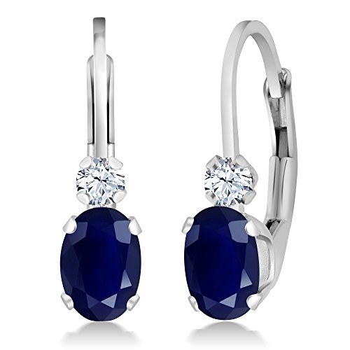 Gem Stone King 925 Sterling Silver Blue Sapphire and White Created Sapphire Leverback Earrings For Women (1.18 Cttw, Gemstone September Birthstone, Oval 6X4MM, Round 2MM, 3/4 Inch)