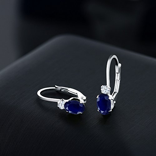 Gem Stone King 925 Sterling Silver Blue Sapphire and White Created Sapphire Leverback Earrings For Women (1.18 Cttw, Gemstone September Birthstone, Oval 6X4MM, Round 2MM, 3/4 Inch)