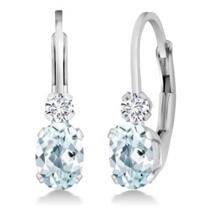 gem stone king 925 sterling silver sky blue aquamarine & white diamond leverback earrings for women (1.07 cttw, gemstone birthstone, oval 6x4mm, round 2mm, 3/4 inch)