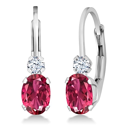 Gem Stone King 925 Sterling Silver Pink Tourmaline and White Created Sapphire Leverback Earrings For Women (0.84 Cttw, Gemstone October Birthstone, Oval 6X4MM, Round 2MM, 3/4 Inch)