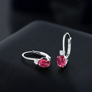 Gem Stone King 925 Sterling Silver Pink Tourmaline and White Created Sapphire Leverback Earrings For Women (0.84 Cttw, Gemstone October Birthstone, Oval 6X4MM, Round 2MM, 3/4 Inch)