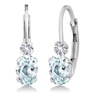 gem stone king 925 sterling silver sky blue aquamarine & white created sapphire leverback earrings for women (1.08 cttw, gemstone birthstone, oval 6x4mm, round 2mm, 3/4 inch)