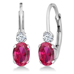 gem stone king 14k white gold red created ruby and white created sapphire leverback earrings for women | 1.08 cttw | gemstone july birthstone | oval 6x4mm, round 2mm | 3/4 inch