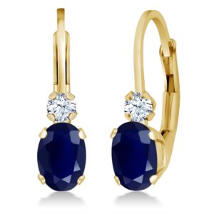 Gem Stone King 14K Yellow Gold Blue Sapphire and White Created Sapphire Leverback Earrings For Women | 1.18 Cttw | Gemstone September Birthstone | Oval 6X4MM, Round 2MM | 3/4 Inch