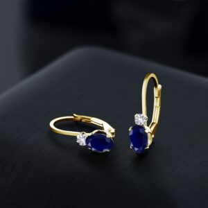 Gem Stone King 14K Yellow Gold Blue Sapphire and White Created Sapphire Leverback Earrings For Women | 1.18 Cttw | Gemstone September Birthstone | Oval 6X4MM, Round 2MM | 3/4 Inch