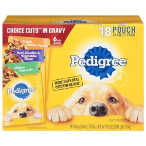 pedigree® choice cuts™ 18ct chicken casserole in gravy, grilled chicken flavor in sauce and beef, noodles and vegetables flavor in sauce wet dog food