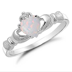 kriskate & co. irish claddagh ring .925 sterling silver with simulated lab opal heart promise ring size 11