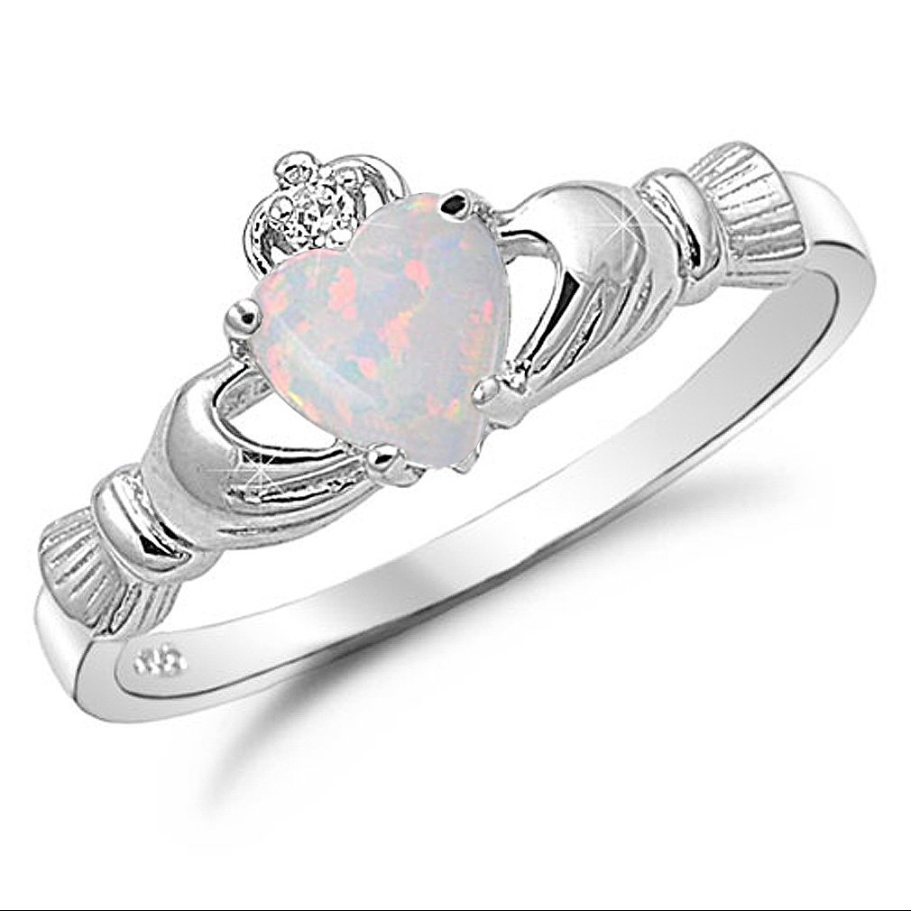 Kriskate & Co. Irish Claddagh Ring .925 Sterling Silver with Simulated Lab Opal Heart Promise Ring Size 11