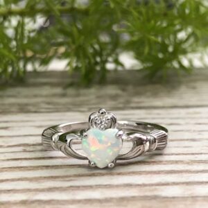 Kriskate & Co. Irish Claddagh Ring .925 Sterling Silver with Simulated Lab Opal Heart Promise Ring Size 11