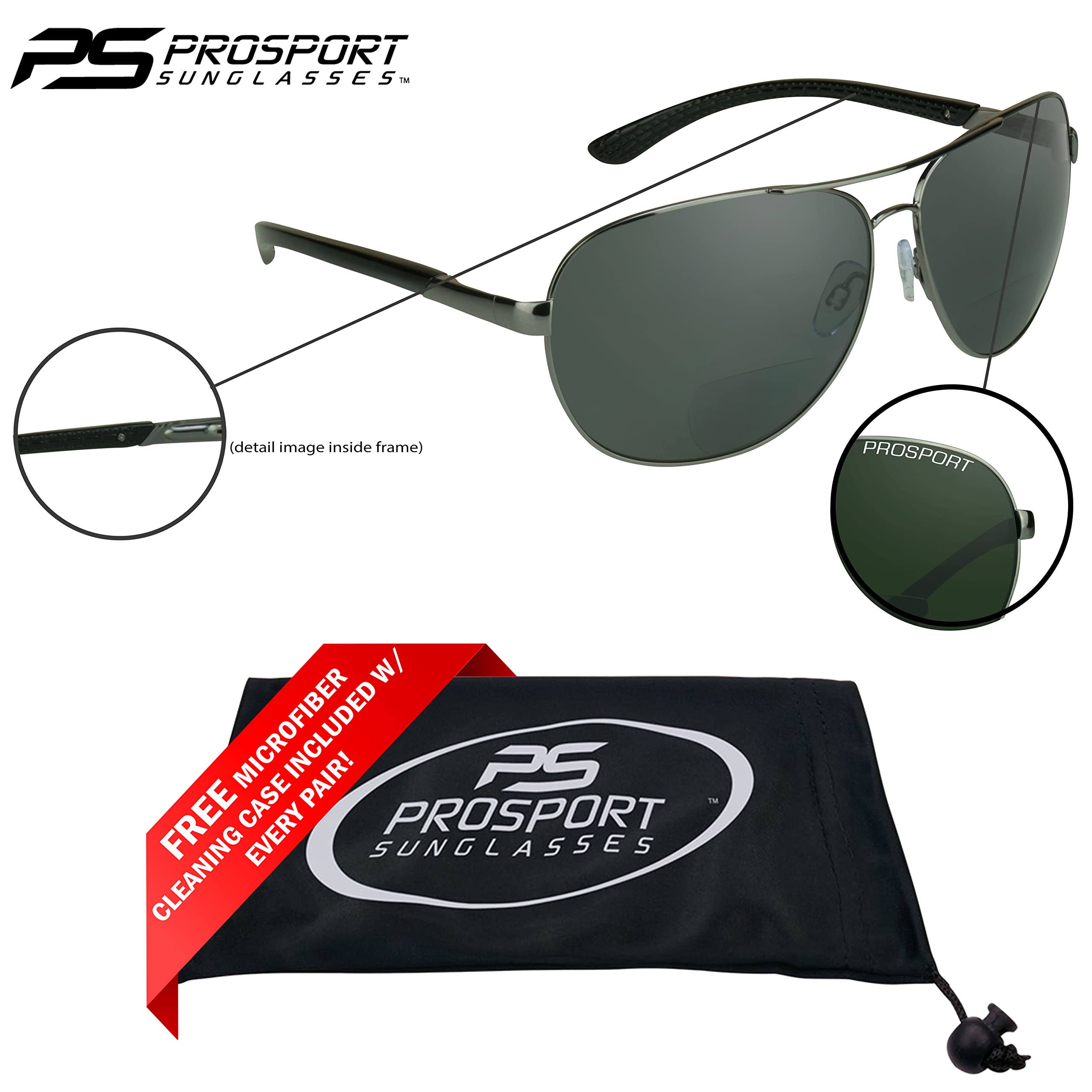 proSPORT Aviator Polarized Bifocal Sunglasses Readers +2.00 Gunmetal Frame Smoke lens Men Women. Fit Medium to Extra Large Head Sizes.