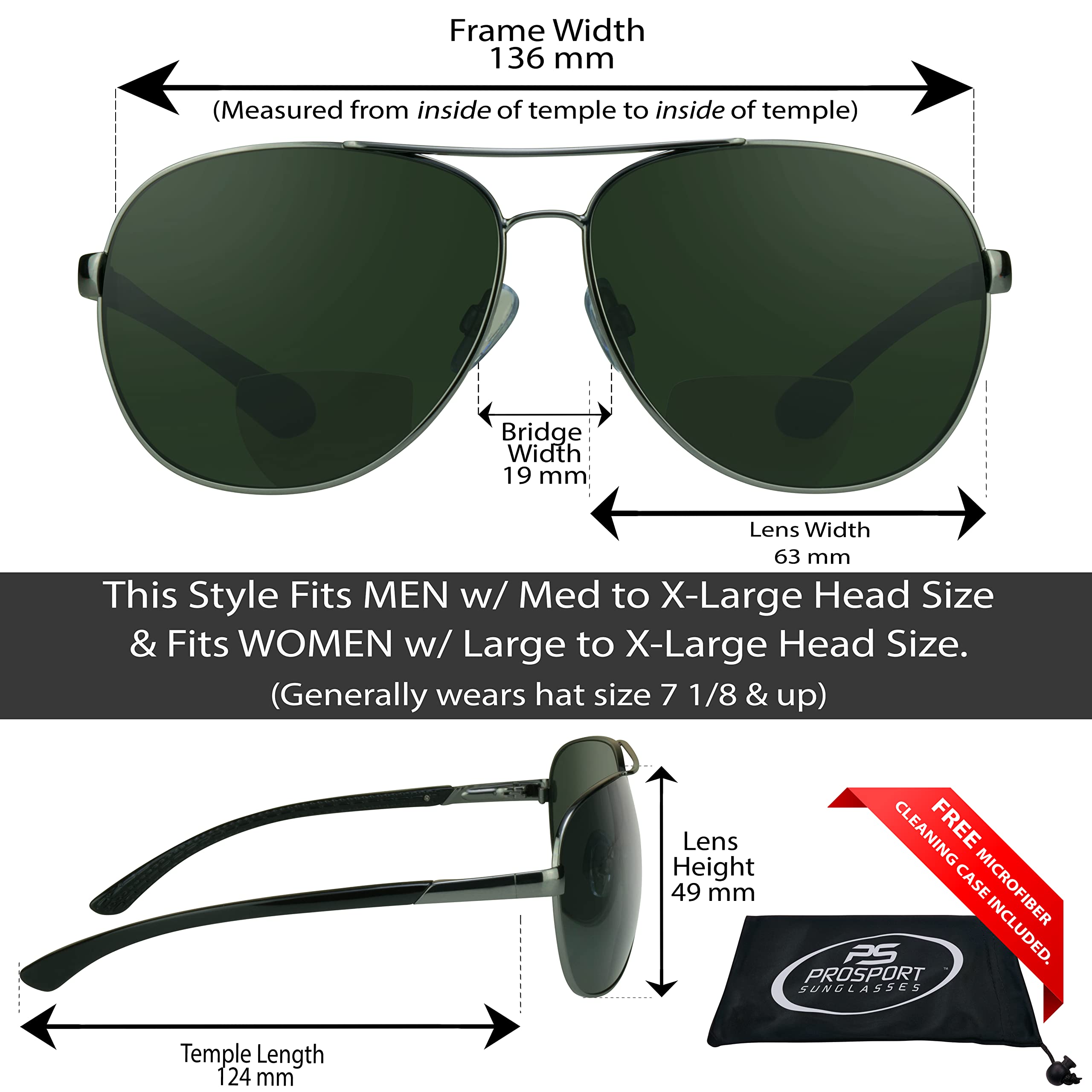 proSPORT Aviator Polarized Bifocal Sunglasses Readers +2.00 Gunmetal Frame Smoke lens Men Women. Fit Medium to Extra Large Head Sizes.