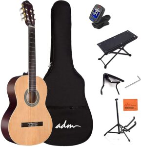 adm full size classical nylon strings acoustic guitar 39 inch classic guitarra starter bundle for adult with free lessons, gig bag, tuner, footstool, kids student beginner kits, nature