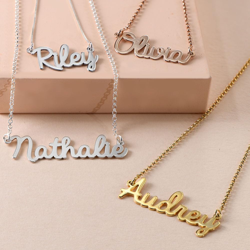 MYKA Personalized Cursive Name Necklace Custom Made Precious Metals Sterling Silver 925 & Gold Jewelry Nameplate Gift for Christmas (Sterling Silver)