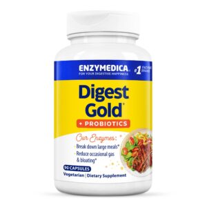 enzymedica digest gold + probiotics, 2-in-1 formula for gut health, digestive enzymes & 1.5 billion active probiotic cultures, 90 count (ffp)