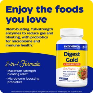 Enzymedica Digest Gold + Probiotics, 2-in-1 Formula for Gut Health, Digestive Enzymes & 1.5 Billion Active Probiotic Cultures, 90 Count (FFP)