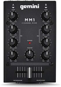 gemini sound mm1 professional audio 2-channel dual mic input stereo 2-band rotary compact dj podcast mixer with cross-fader and individual gain control