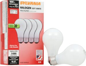 sylvania home lighting 52258 halogen bulb, a19-72w-3000k, soft white finish, medium base, pack of 4