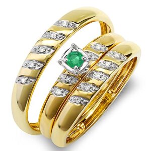 dazzlingrock collection 10k round white diamond & emerald men & women's diamond ring trio set, yellow gold