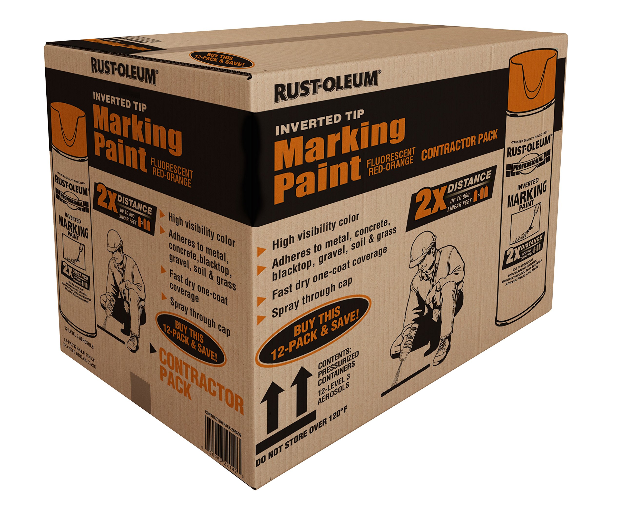 Rust-Oleum 266599 Professional 2X Distance Inverted Marking Spray Paint, 15 oz, Fluorescent Red-Orange, Contractor 12 Pack