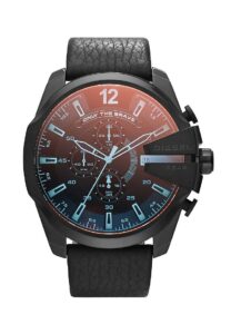 diesel mega chief stainless steel and leather chronograph men's watch, color: black (model: dz4323)