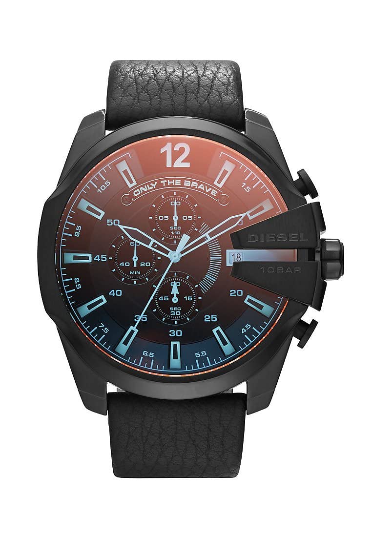 Diesel Mega Chief Stainless Steel and Leather Chronograph Men's Watch, Color: Black (Model: DZ4323)