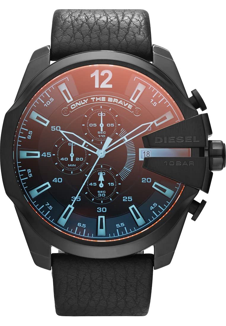 Diesel Mega Chief Stainless Steel and Leather Chronograph Men's Watch, Color: Black (Model: DZ4323)