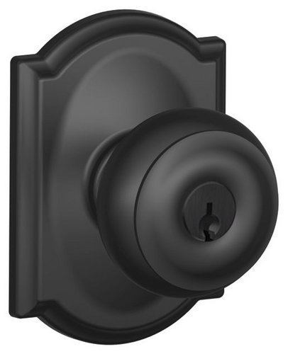 Schlage F51-GEO-CAM Georgian Keyed Entry F51A Panic Proof Door Knob with Camelot, Matte Black