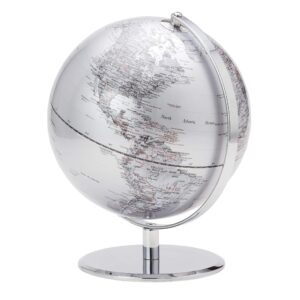 latitude world globe by torre & tagus | silver globe | globes of the world with stand | world globes for adults | globe with chrome metal base stand for home office & living room mantle | silver, 9.5”