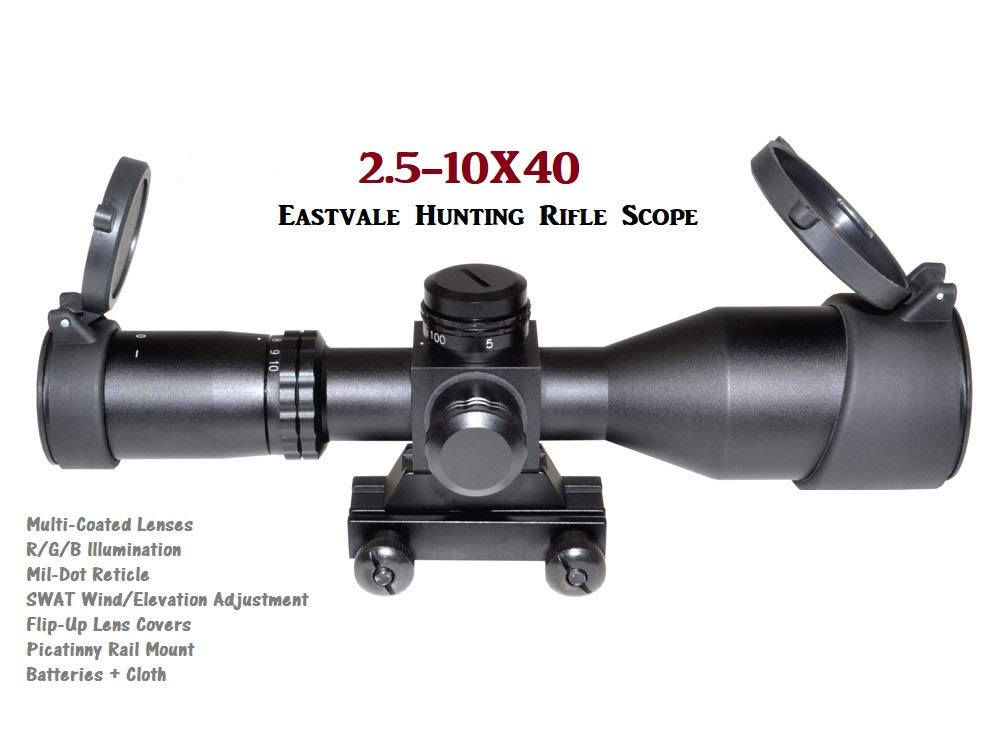 Eastvale 2.5-10X40 Compact Rifle Scope with Illuminated Red, Green, Blue Mil-Dot Reticle Including Quick Detach Picatinny Mount