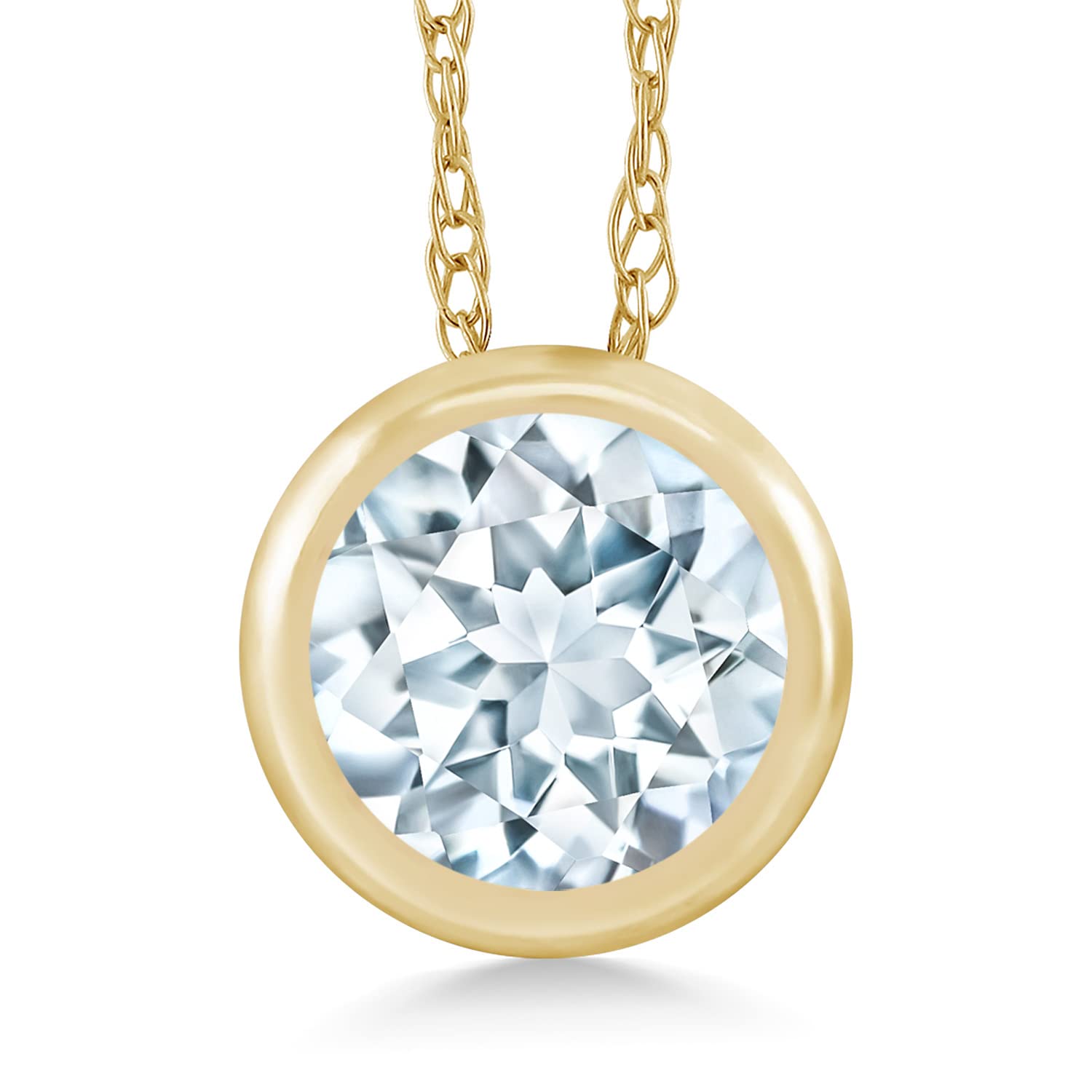 Gem Stone King 14K Yellow Gold Sky Blue Aquamarine Pendant Necklace For Women (0.45 Cttw, Gemstone March Birthstone, Round 5MM, with 18 Inch Chain)