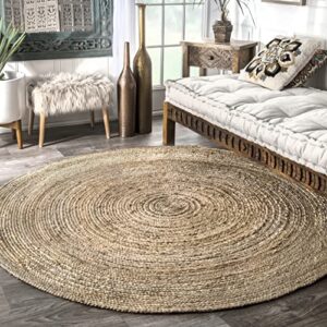 nuloom 4 round rigo jute hand woven area rug, natural, solid farmhouse design, natural fiber, for bedroom, living room, dining room, hallway, office, kitchen, entryway