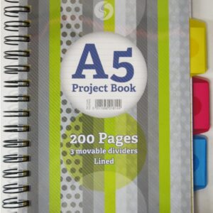 Silvine A5 project book 200 pages with 3 part dividers lined spiral book