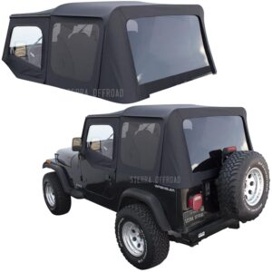 sierra offroad soft top for 1988 to 1995 jeep wrangler yj - black, denim vinyl - 2 door jeep soft top with rear plastic tinted windows - factory precision fit replacement - with upper door skins