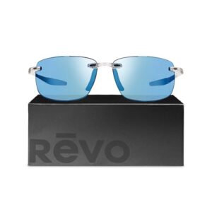 revo sunglasses descend n: polarized lens filters uv, rimless rectangle frame, crystal frame with blue water lens