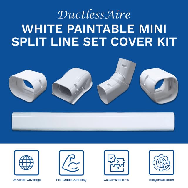 DuctlessAire White Paintable Mini Split Line Set Cover Kit - Cover for Ductless Mini Split AC & Heating System - Easy to Install Cover Kit with Wall Cap, Hide-A-Line, Coupler & End Cap (4" x 14 ft.)