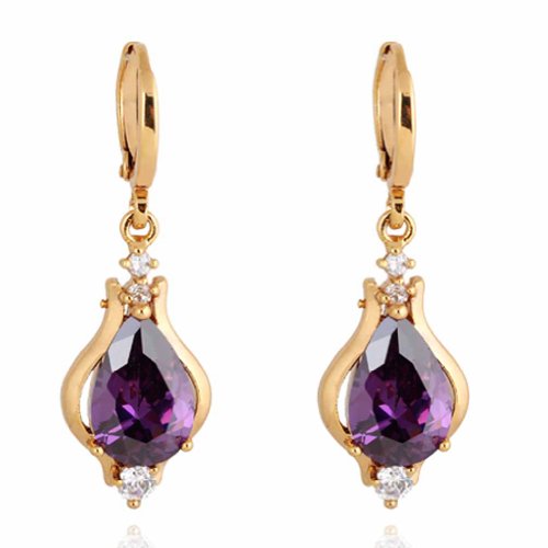 YAZILIND Elegant 18k Gold Plated Inlay Teardrop Purple Cubic Zirconia Hoop Dangle Drop Women Earrings