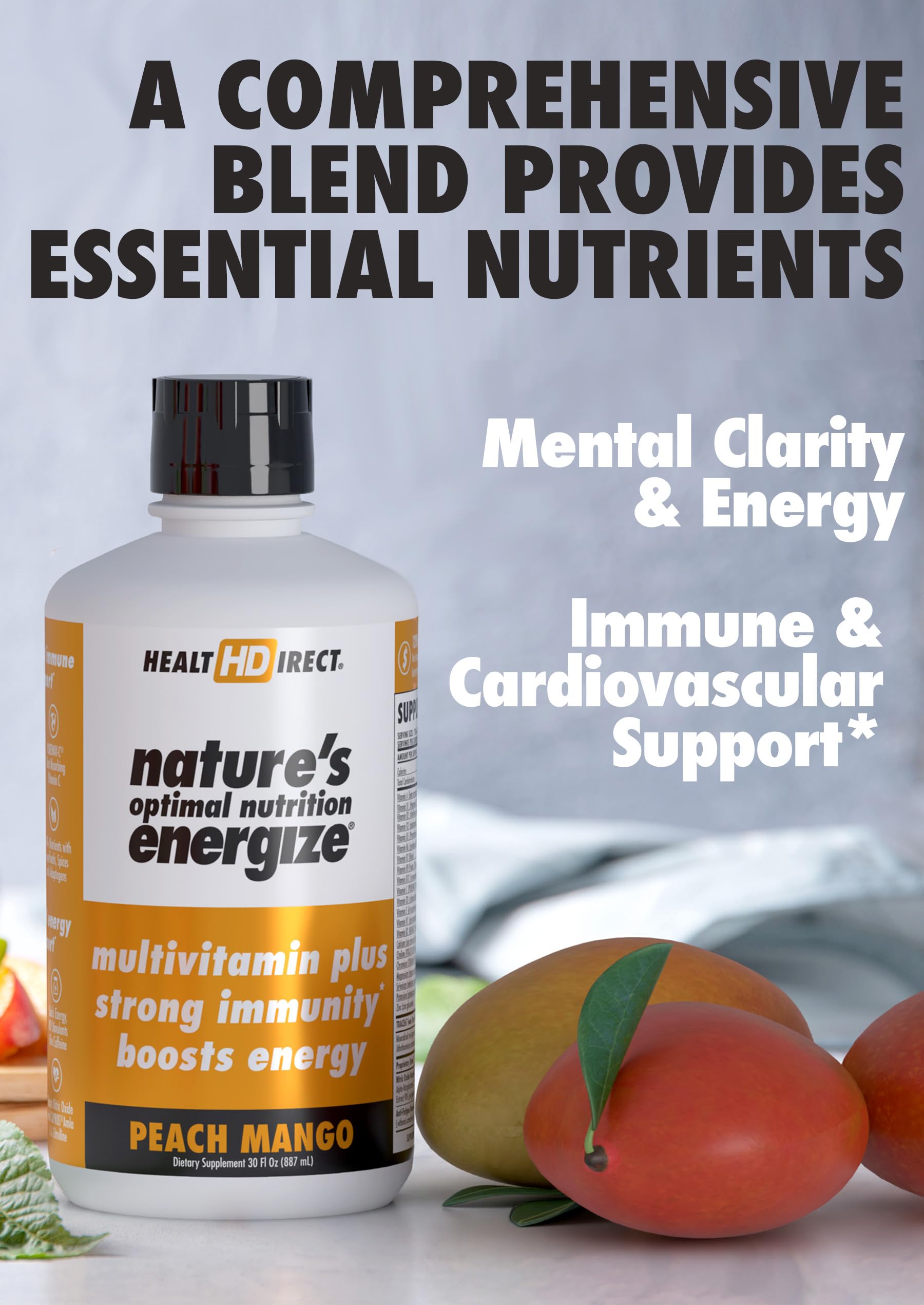 HEALTH DIRECT - Nature's Optimal Nutrition Energize Liquid Multivitamin Superfood - 140+ Nutrients - Mental Clarity & Energy - Immune & Cardiovascular Support – 30 Servings – Peach Mango