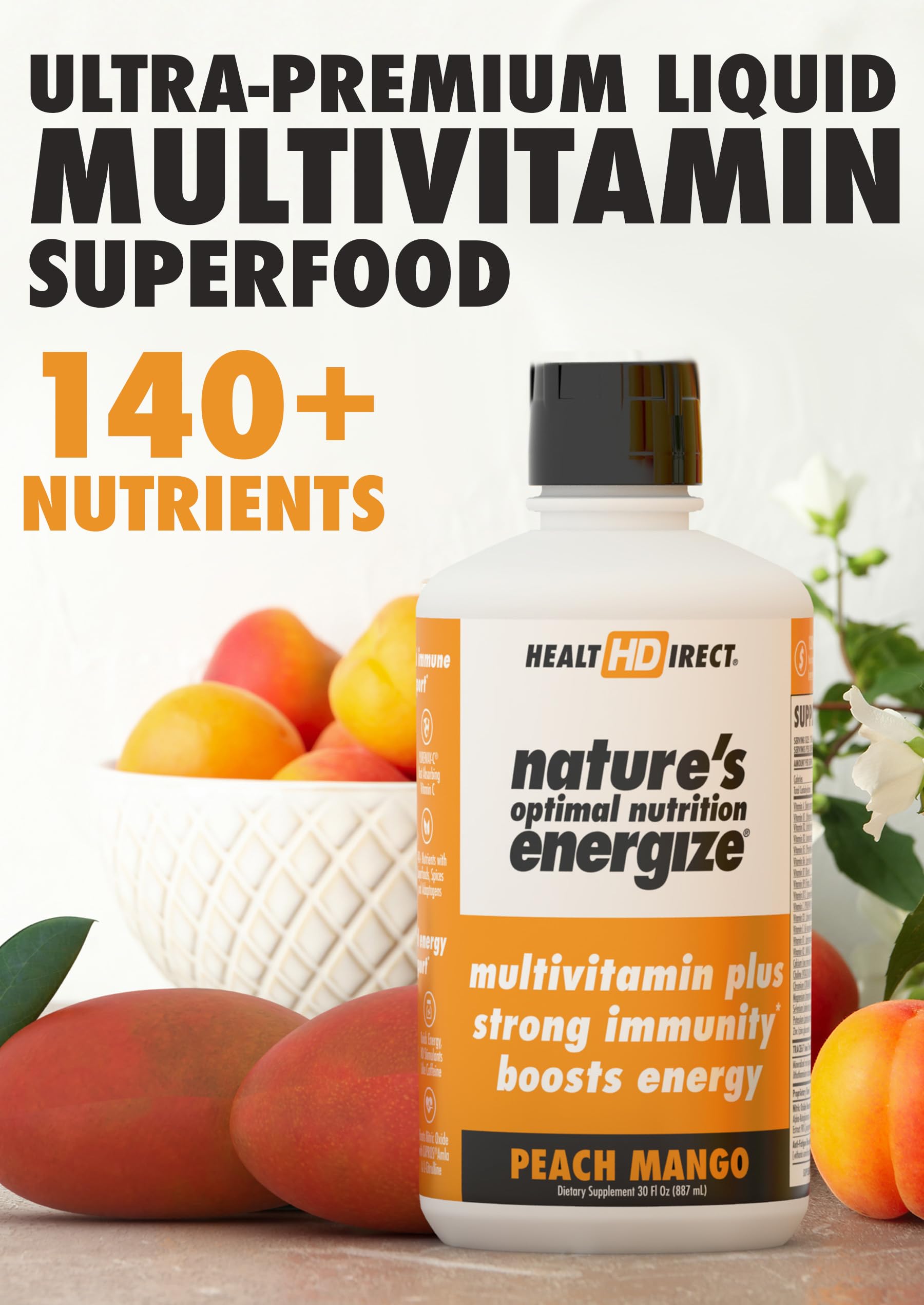 HEALTH DIRECT - Nature's Optimal Nutrition Energize Liquid Multivitamin Superfood - 140+ Nutrients - Mental Clarity & Energy - Immune & Cardiovascular Support – 30 Servings – Peach Mango