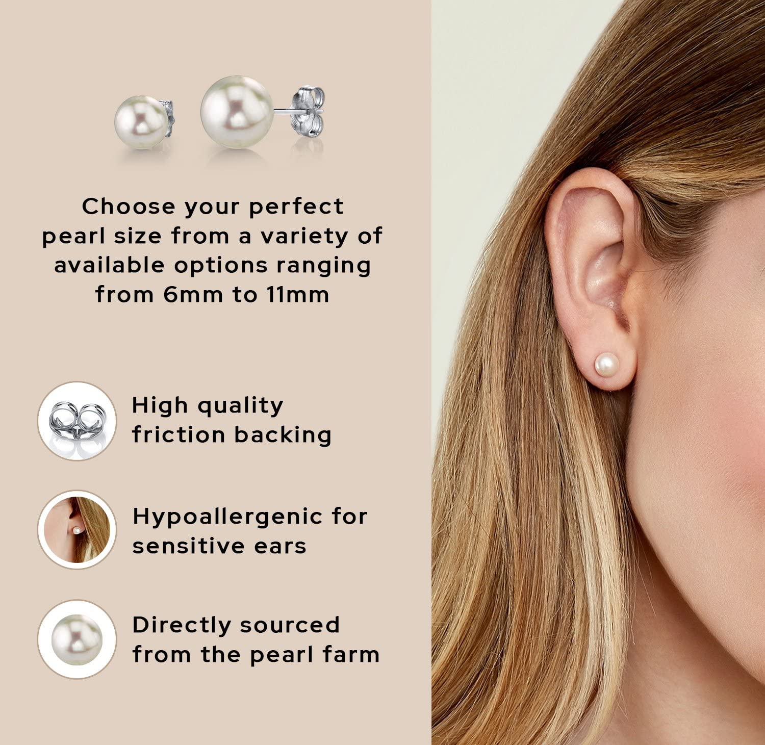 THE PEARL SOURCE AAAA Quality 14K Gold Plated 9mm Sterling Silver White Freshwater Real Pearl Earrings for Women | Hypoallergenic Earrings with Genuine Cultured Pearls