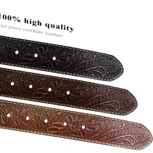 Genuine Full Grain Western Floral Engraved Tooled Leather Belt Strap 1-1/2" Wide (Black, 38)