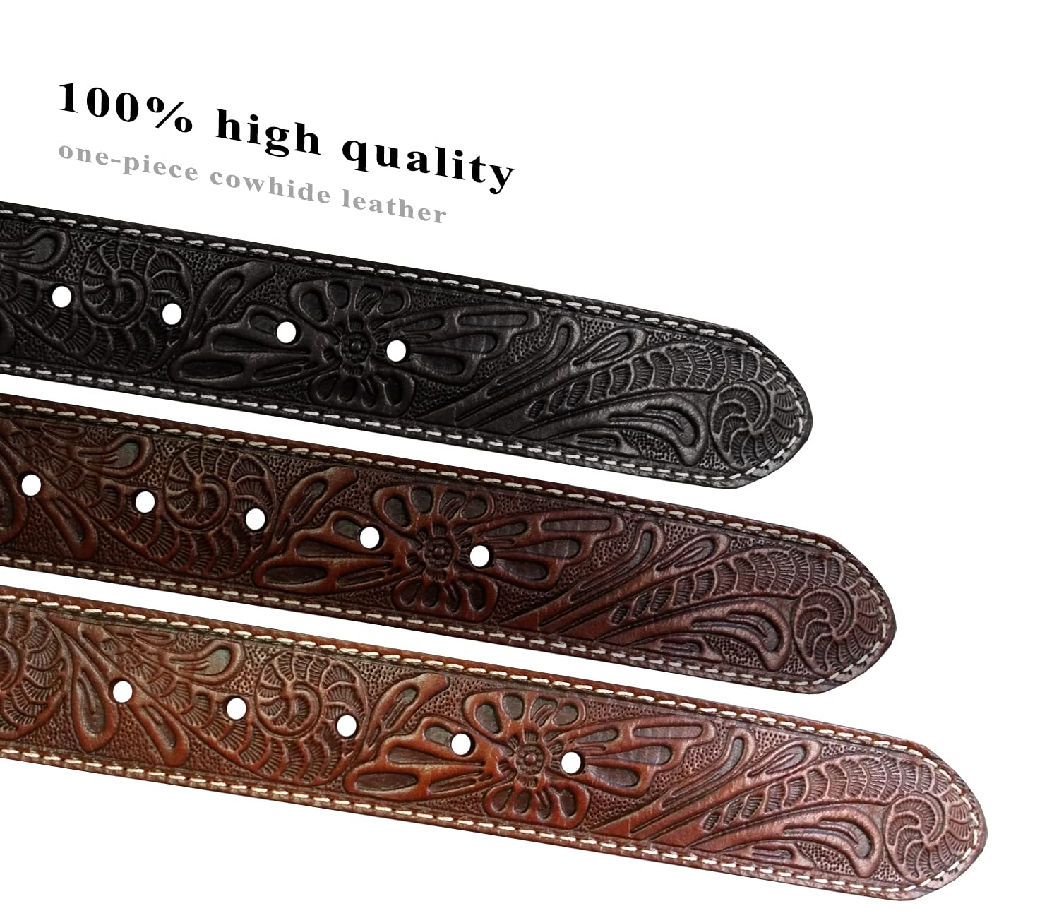 Genuine Full Grain Western Floral Engraved Tooled Leather Belt Strap 1-1/2" Wide (Black, 38)