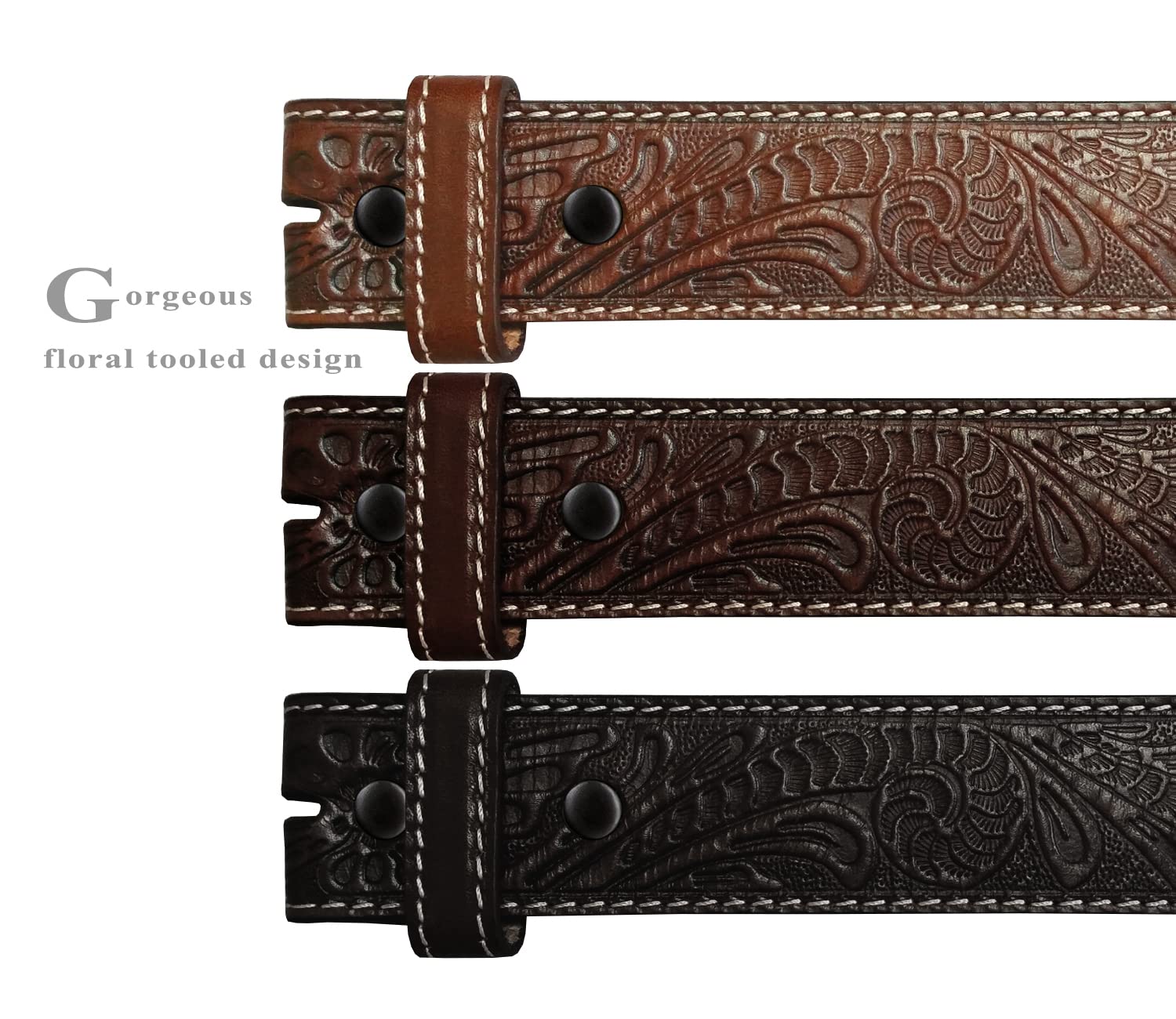 Genuine Full Grain Western Floral Engraved Tooled Leather Belt Strap 1-1/2" Wide (Black, 38)