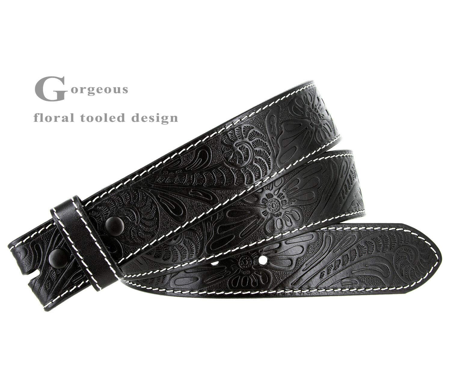 Genuine Full Grain Western Floral Engraved Tooled Leather Belt Strap 1-1/2" Wide (Black, 38)