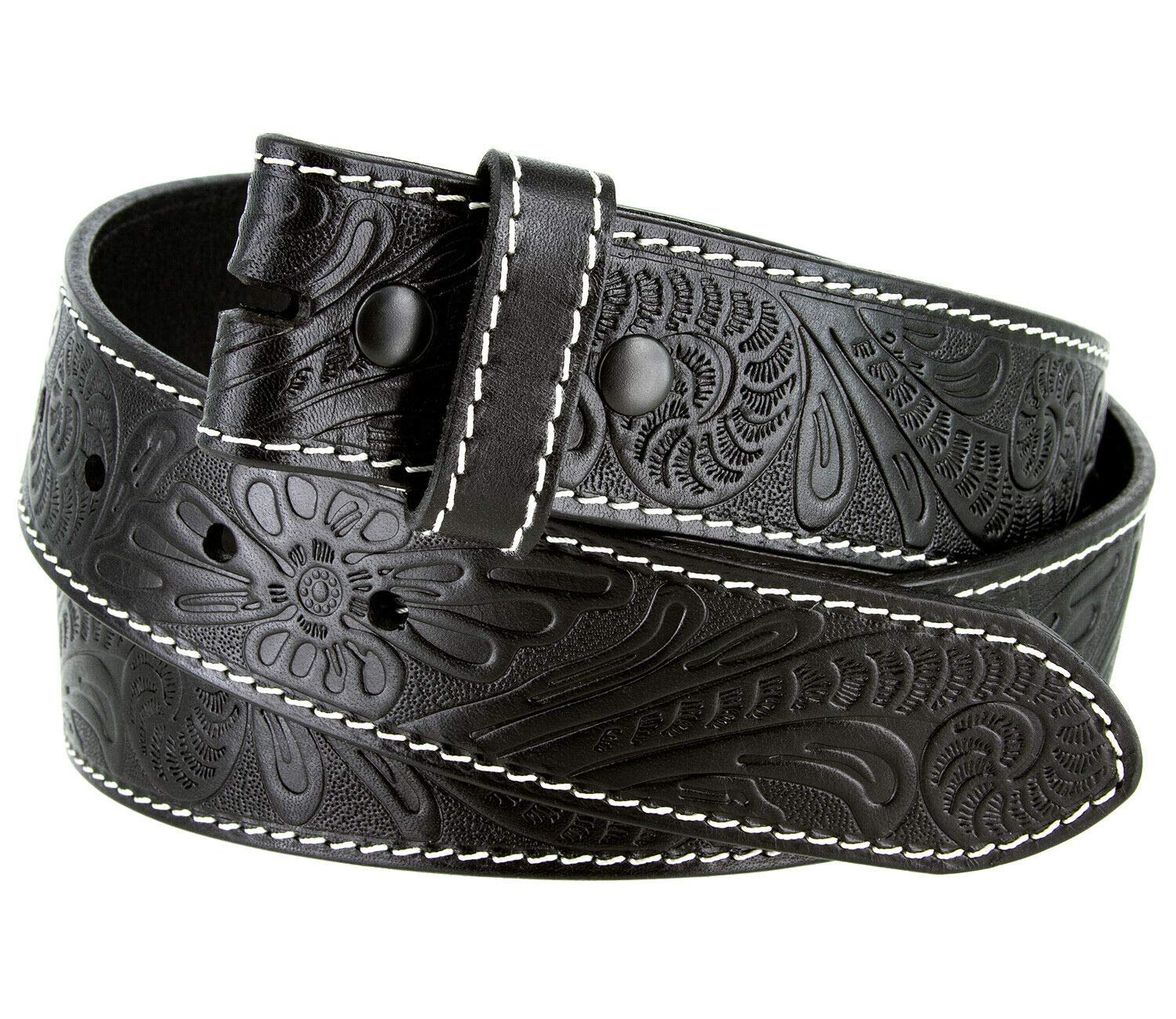 Genuine Full Grain Western Floral Engraved Tooled Leather Belt Strap 1-1/2" Wide (Black, 38)