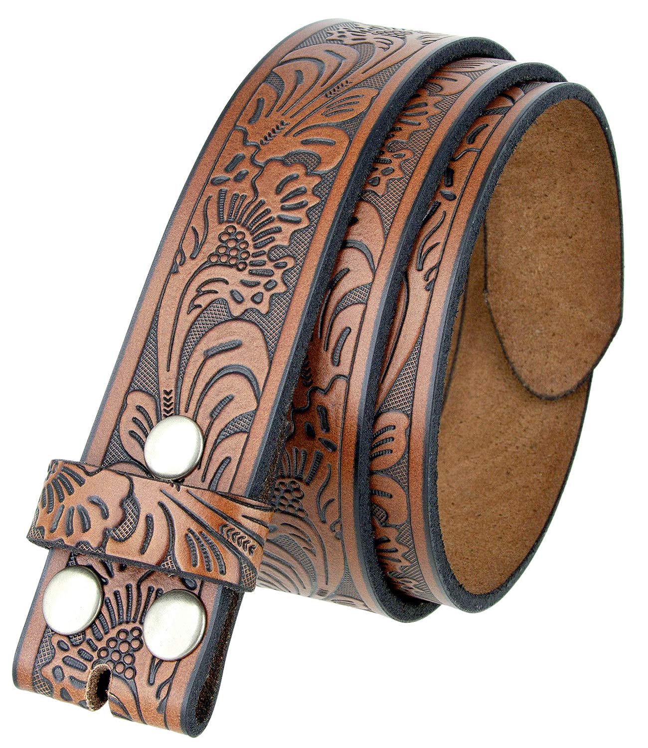 BS220 Western Floral Engraved Embossed Tooled Genuine Leather Belt Strap w/Snaps 1 1/2" Wide (Brown, 32)