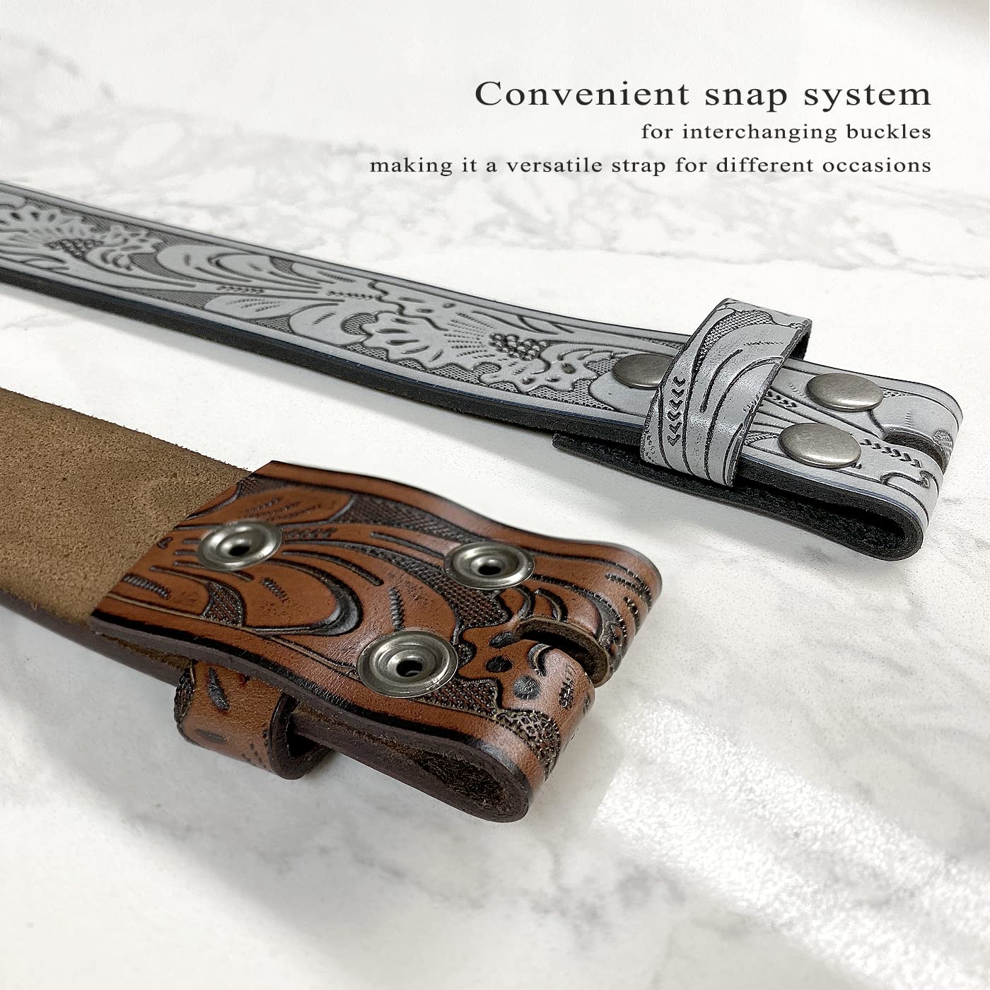 BS220 Western Floral Engraved Embossed Tooled Genuine Leather Belt Strap w/Snaps 1 1/2" Wide (Brown, 32)