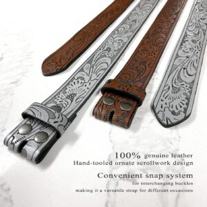 BS220 Western Floral Engraved Embossed Tooled Genuine Leather Belt Strap w/Snaps 1 1/2" Wide (Brown, 32)