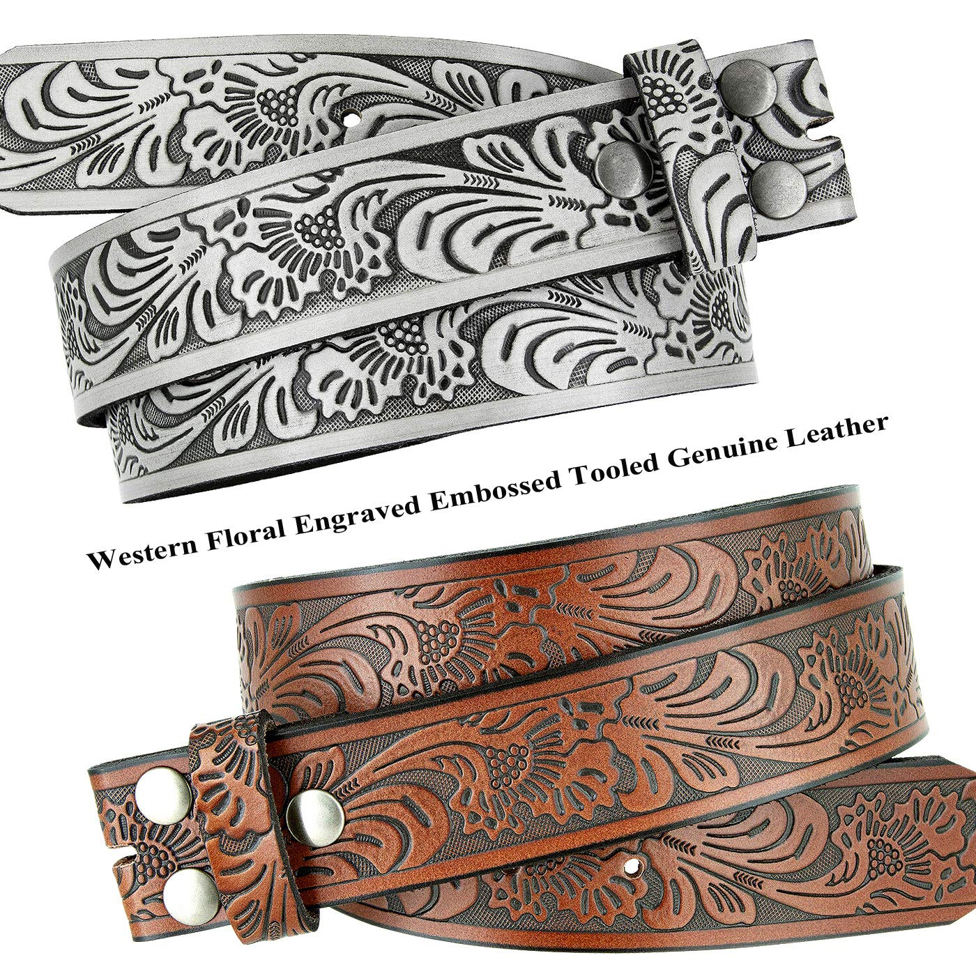 BS220 Western Floral Engraved Embossed Tooled Genuine Leather Belt Strap w/Snaps 1 1/2" Wide (Brown, 32)